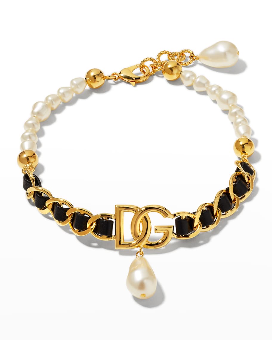 Dolce&Gabbana DG Leather and Pearly Chain Necklace | Neiman Marcus