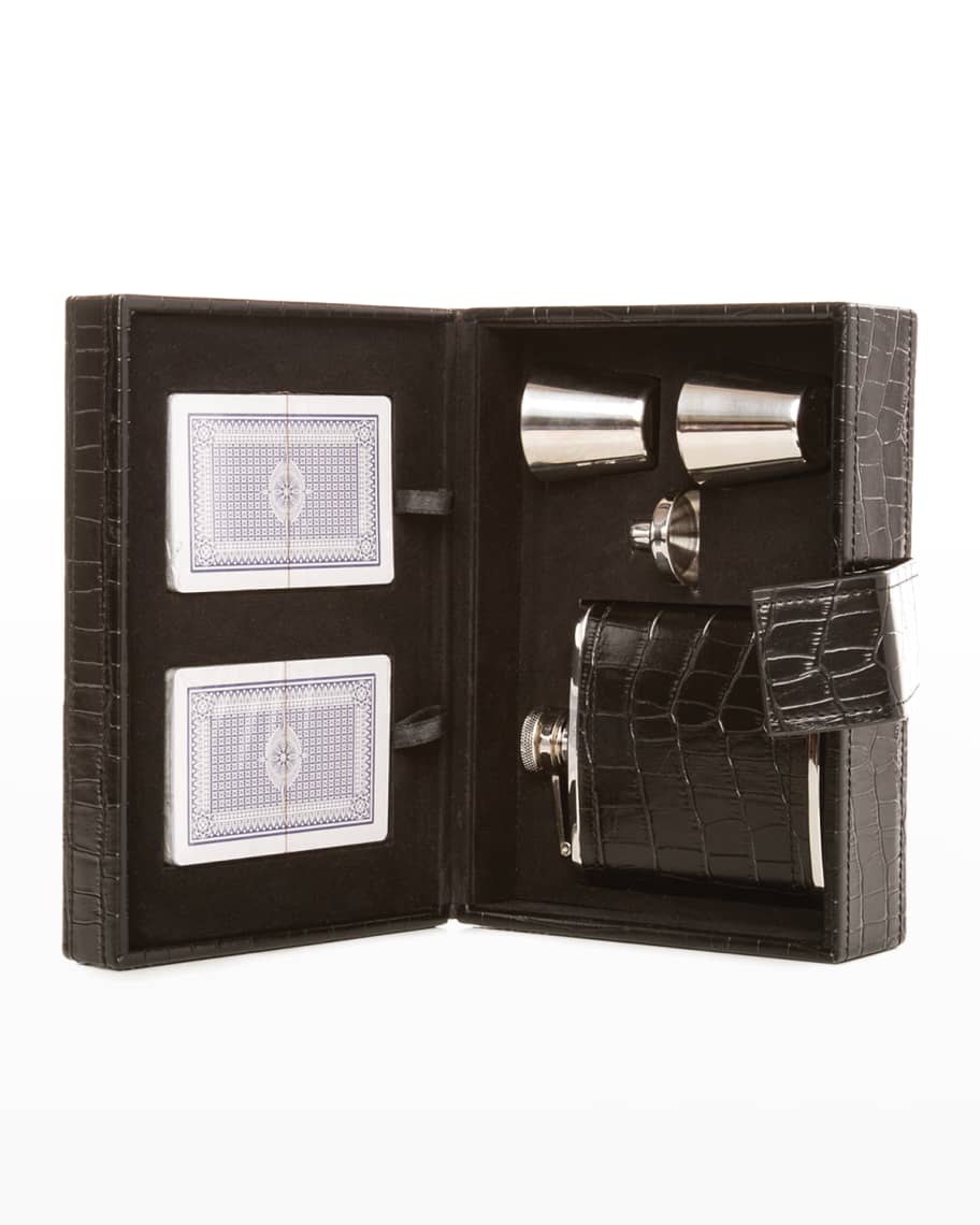 Brouk and Co Black Croc Gamer Flask Set | Neiman Marcus