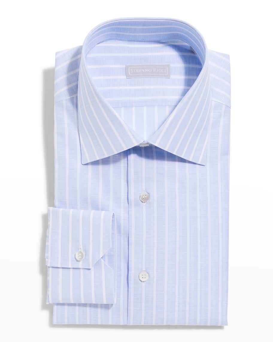 Stefano Ricci Men's Cotton-Linen Stripe Dress Shirt | Neiman Marcus