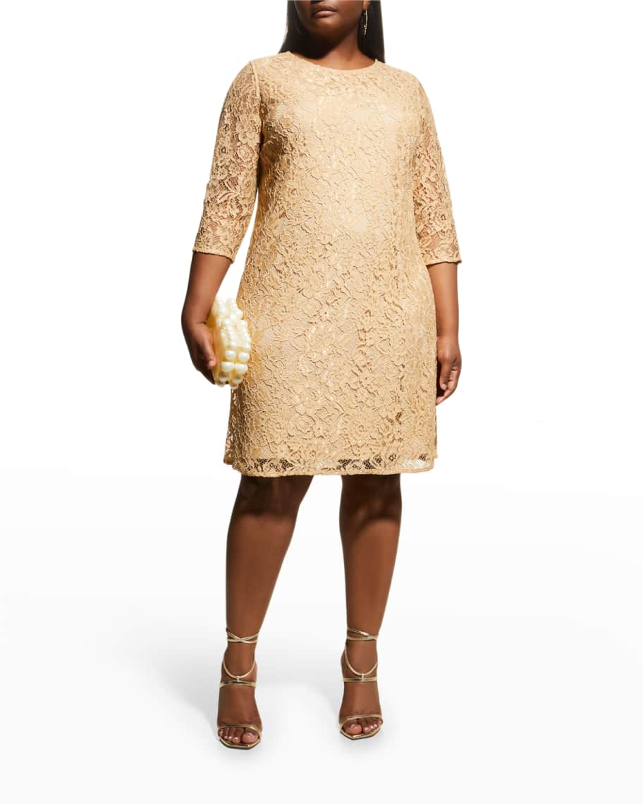 Caroline Rose Plus Plus Size 3/4-Sleeve Lined Flora Lace Dress | Neiman ...