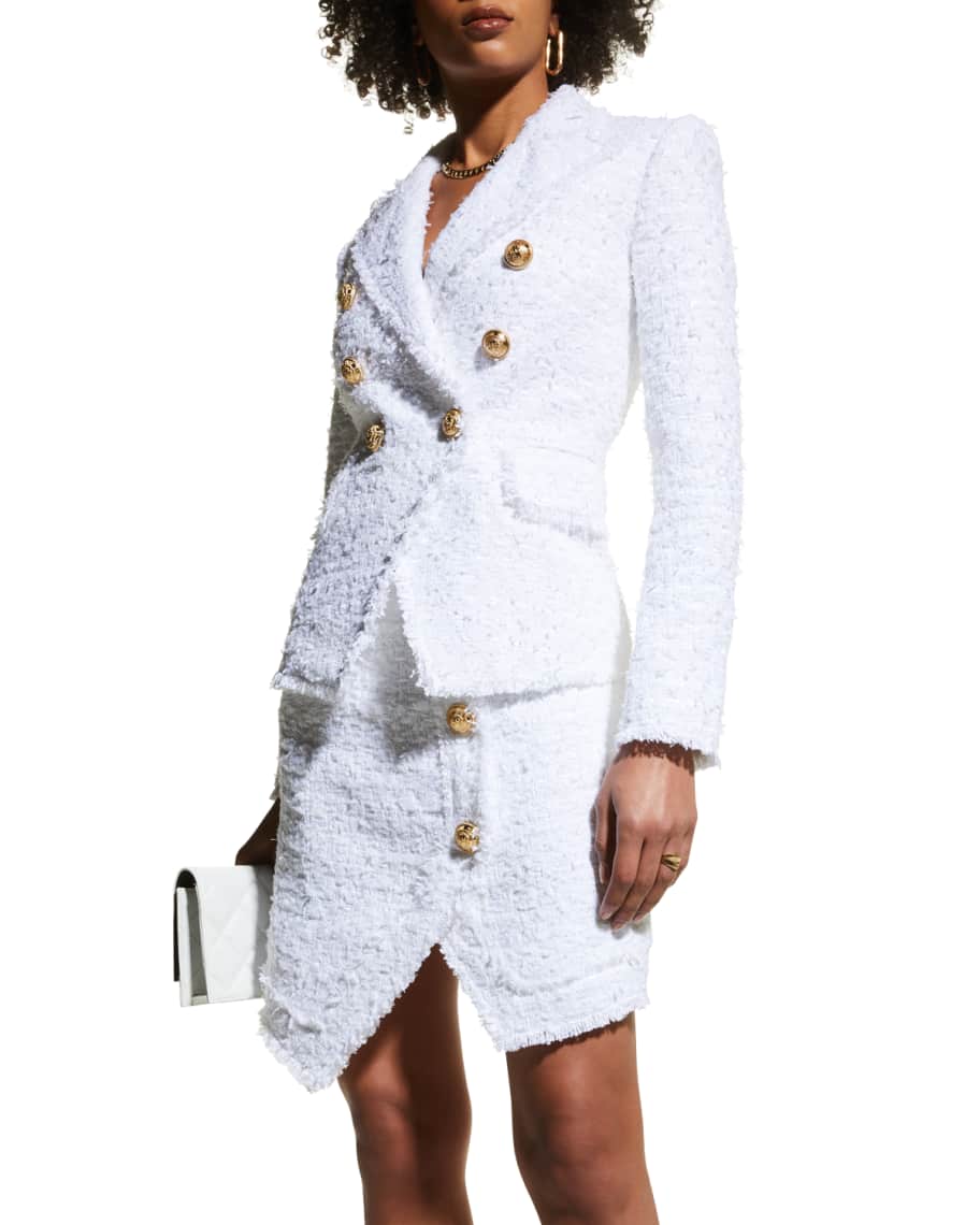Balmain Tweed Double-Breasted Fringe-Trim Jacket | Neiman Marcus