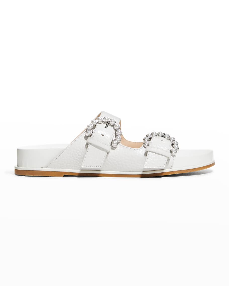 Stuart Weitzman Piper Pearly Buckle Slide Sandals | Neiman Marcus