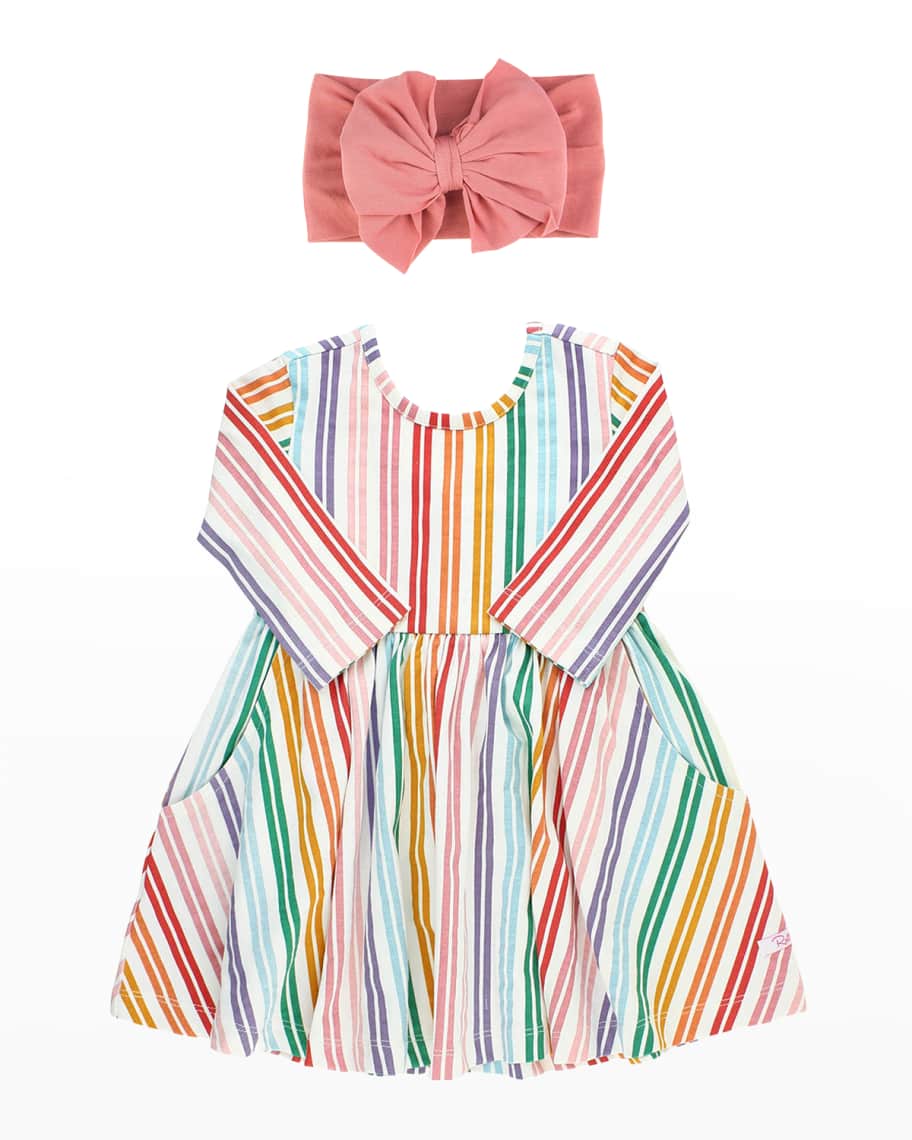 RuffleButts Girl's Striped Bow Dress w/ Bow Headband, Size Newborn-24M ...