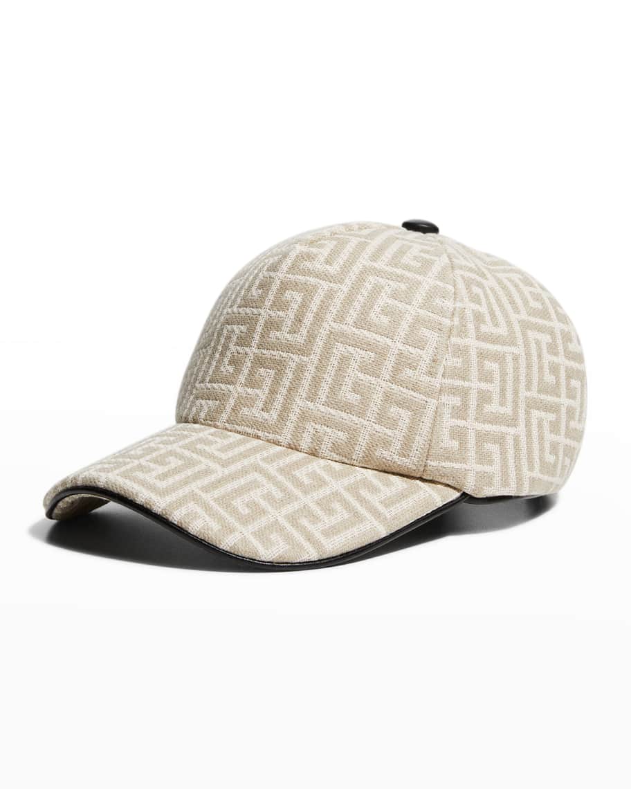Balmain Monogram Linen Jacquard Baseball Cap w/ Leather Trim | Neiman ...
