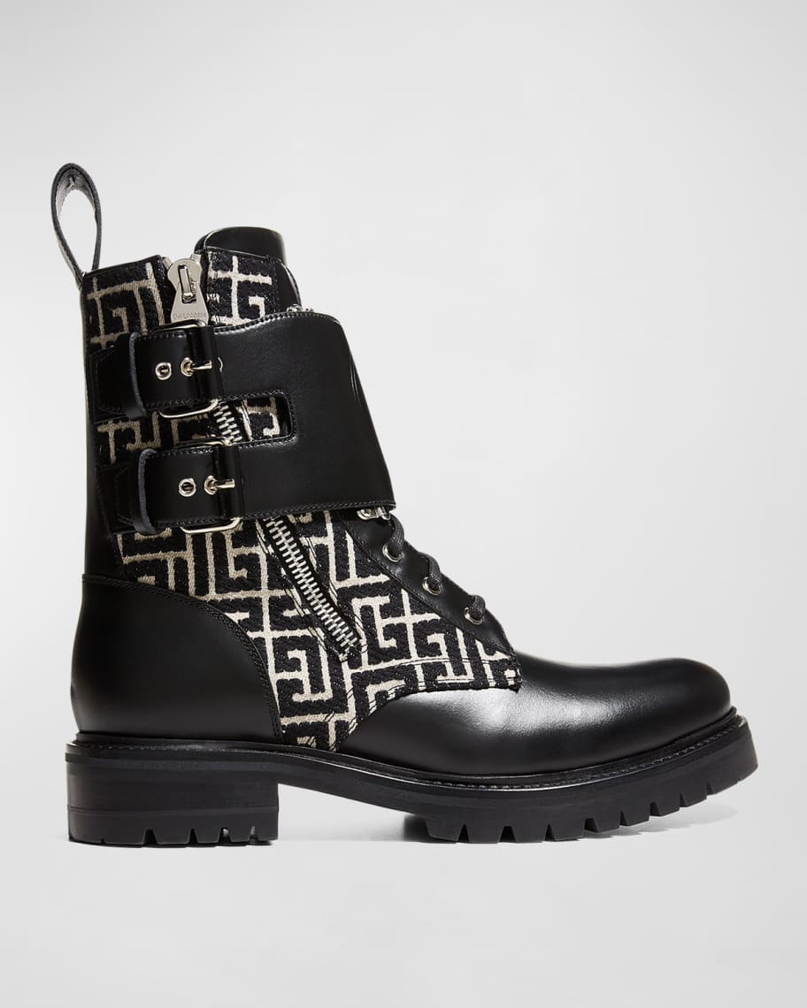 Balmain Men's Ranger Monogram Jacquard Combat Boots | Neiman Marcus