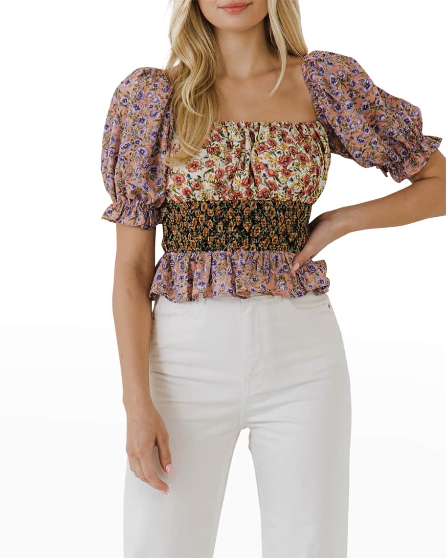Free the Roses Shirred Mixed-Floral Multicolor Top | Neiman Marcus