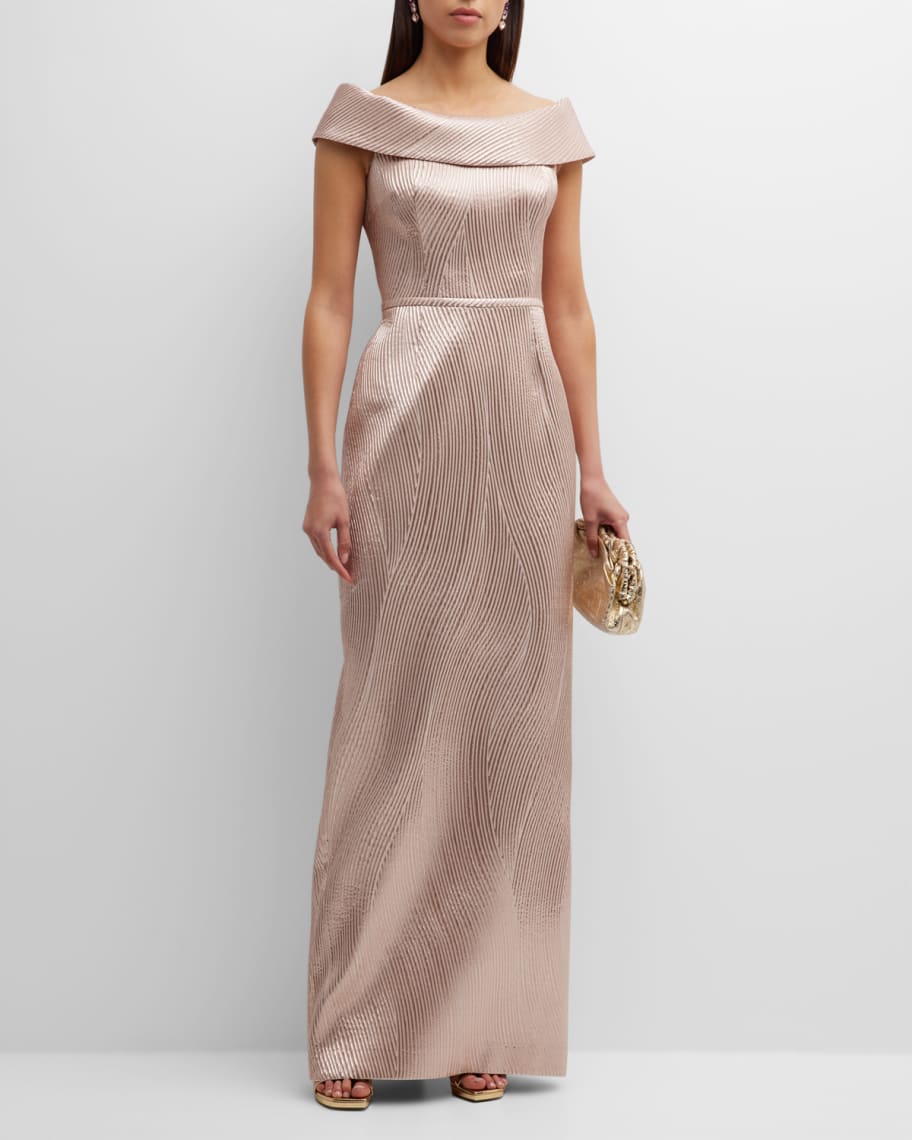 Rickie Freeman for Teri Jon Metallic Ribbed Jacquard Off-Shoulder Gown ...
