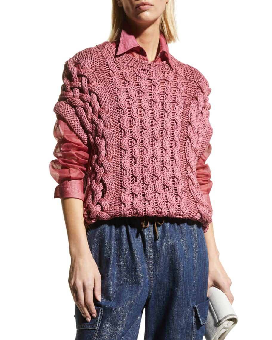 Brunello Cucinelli Opera Cable Knit Cap-Sleeve Top w/ Monili Trim ...