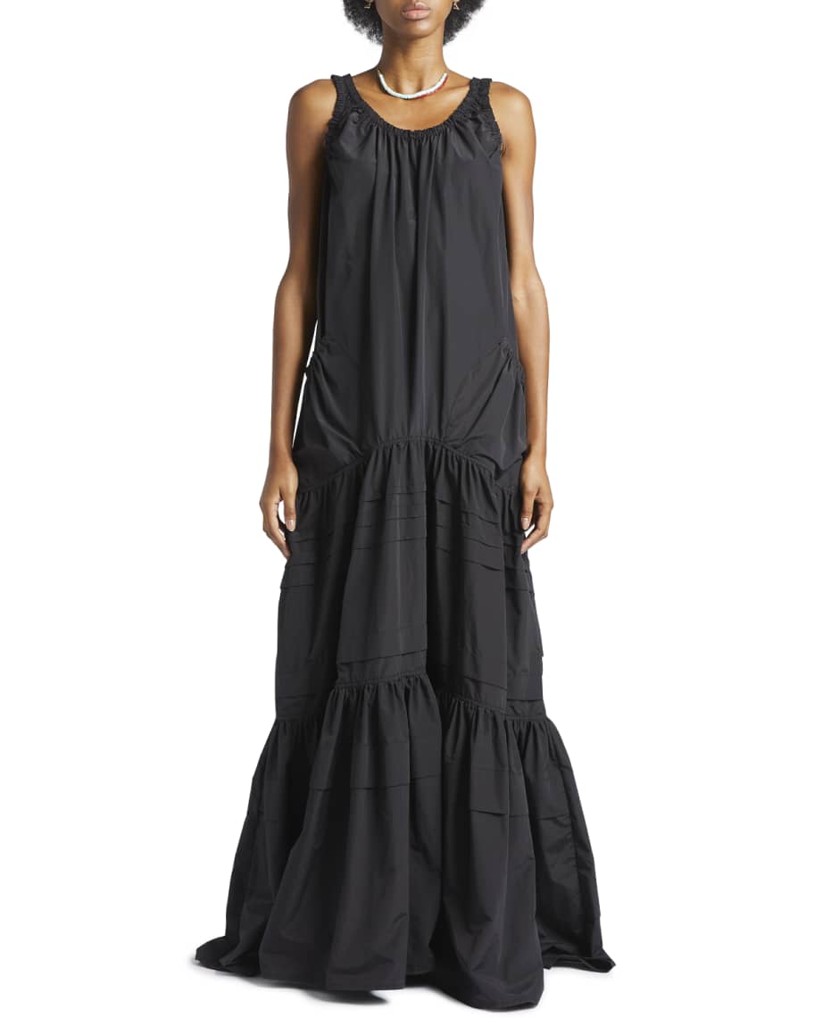 Plan C Striped-Pleat Tiered Maxi Dress | Neiman Marcus