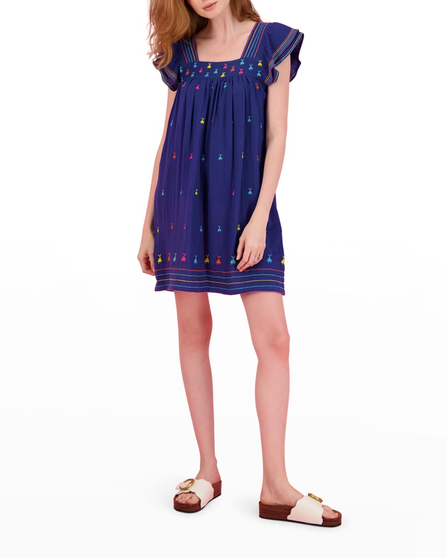Mer St Barth Sandrin Embroidered Square-Neck Mini Dress | Neiman Marcus