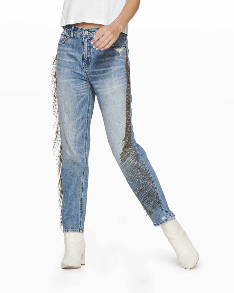 Blue Revival Piper High-Rise Straight Jeans w/ Chain Fringe | Neiman Marcus