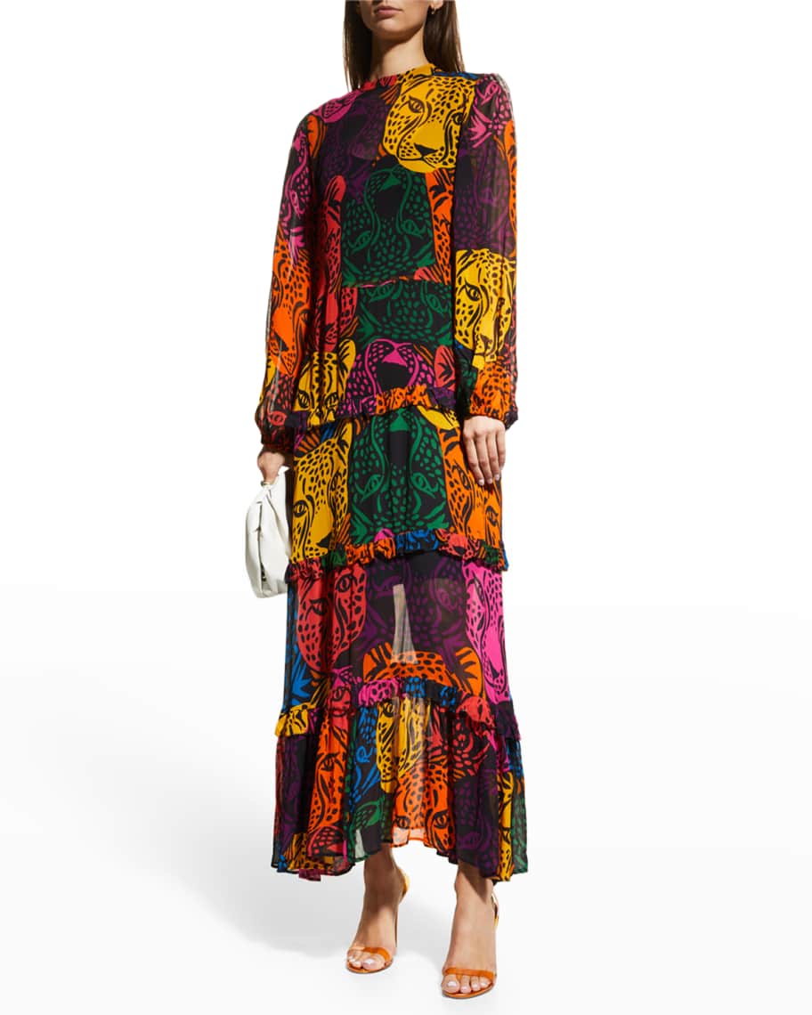 Farm Rio Rainbow Midnight Leopards Tiered Maxi Dress | Neiman Marcus