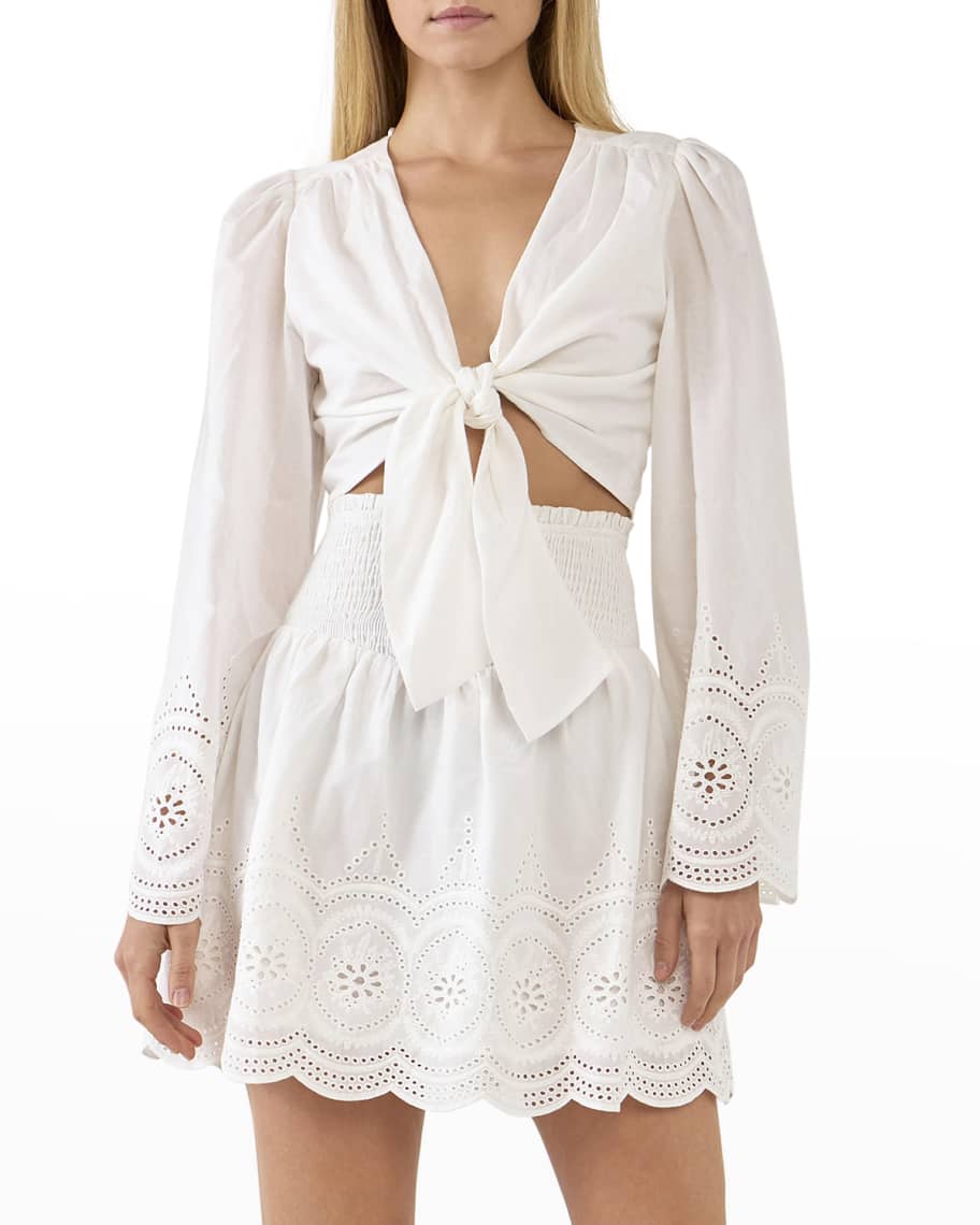 Free the Roses Front-Tie Lace-Sleeve Crop Top | Neiman Marcus