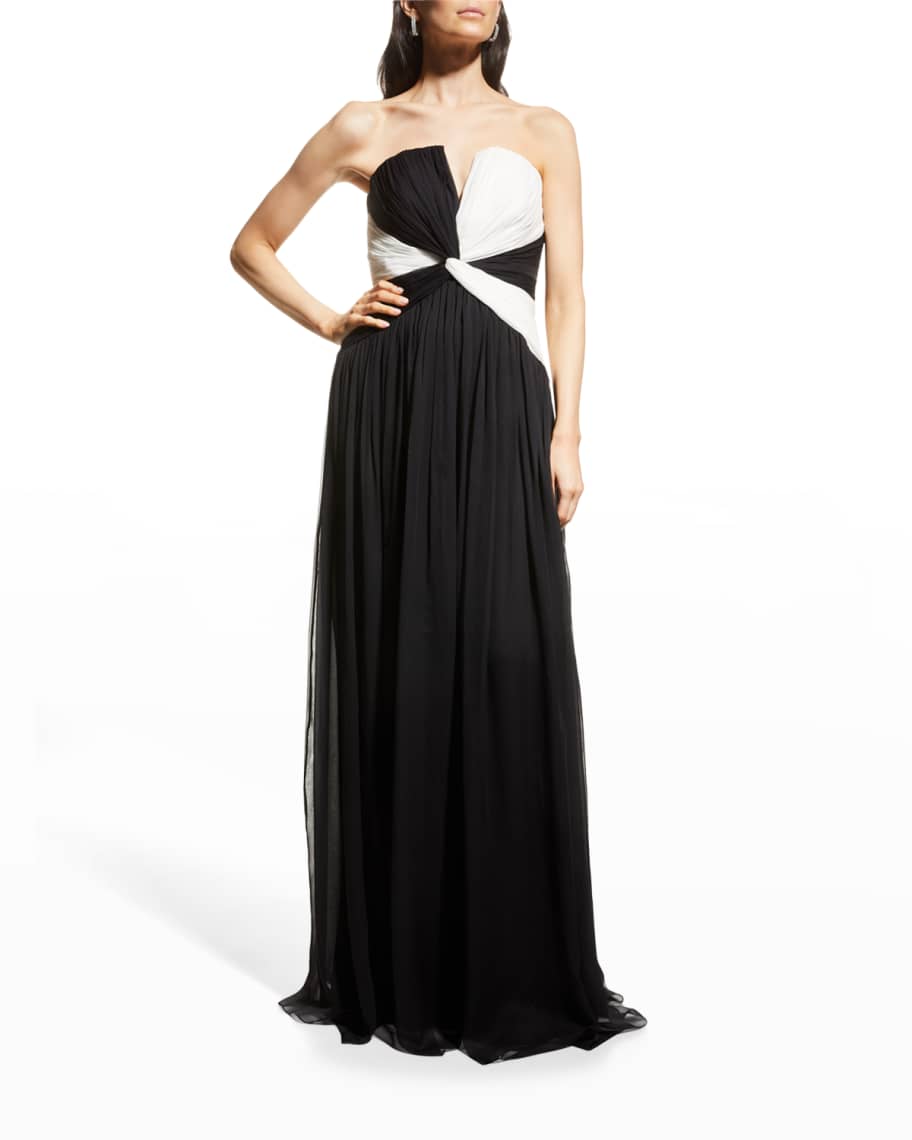 Pamella Roland Colorblock Twist Strapless Chiffon Gown | Neiman Marcus