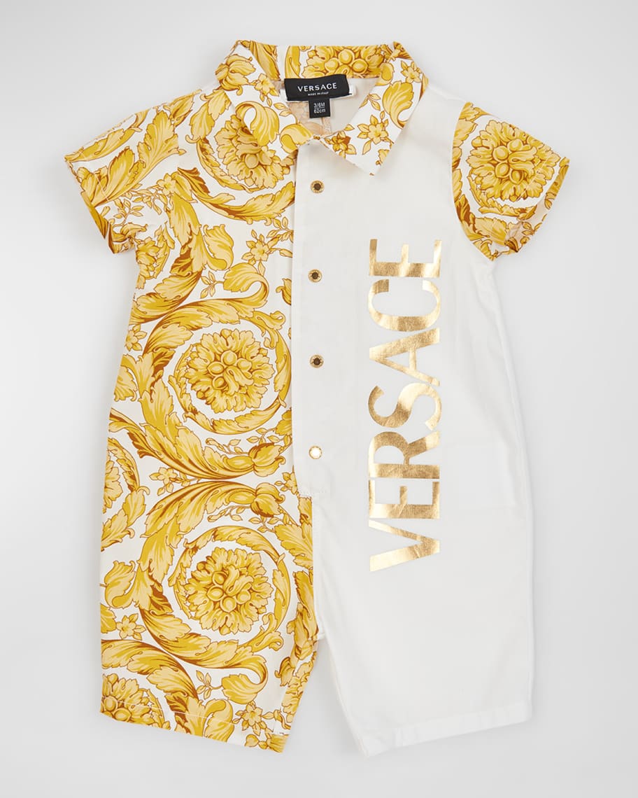 Versace Boy's Barocco Logo Collared Playsuit, Size 3-18M | Neiman Marcus