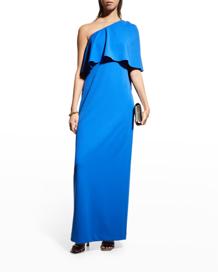Badgley Mischka Collection One-Shoulder Draped Cape Scuba Gown | Neiman ...