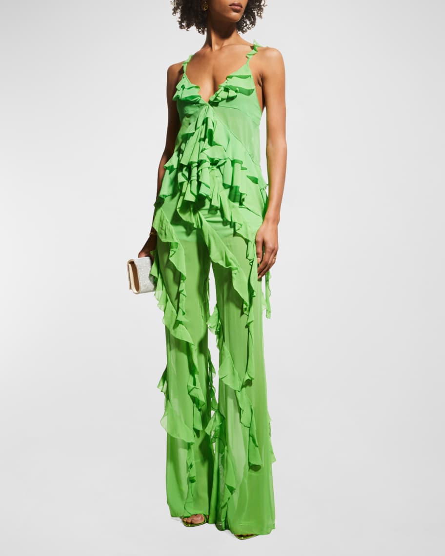 Retrofete Ibiza Silk Chiffon Ruffled Straight-Leg Pants | Neiman Marcus