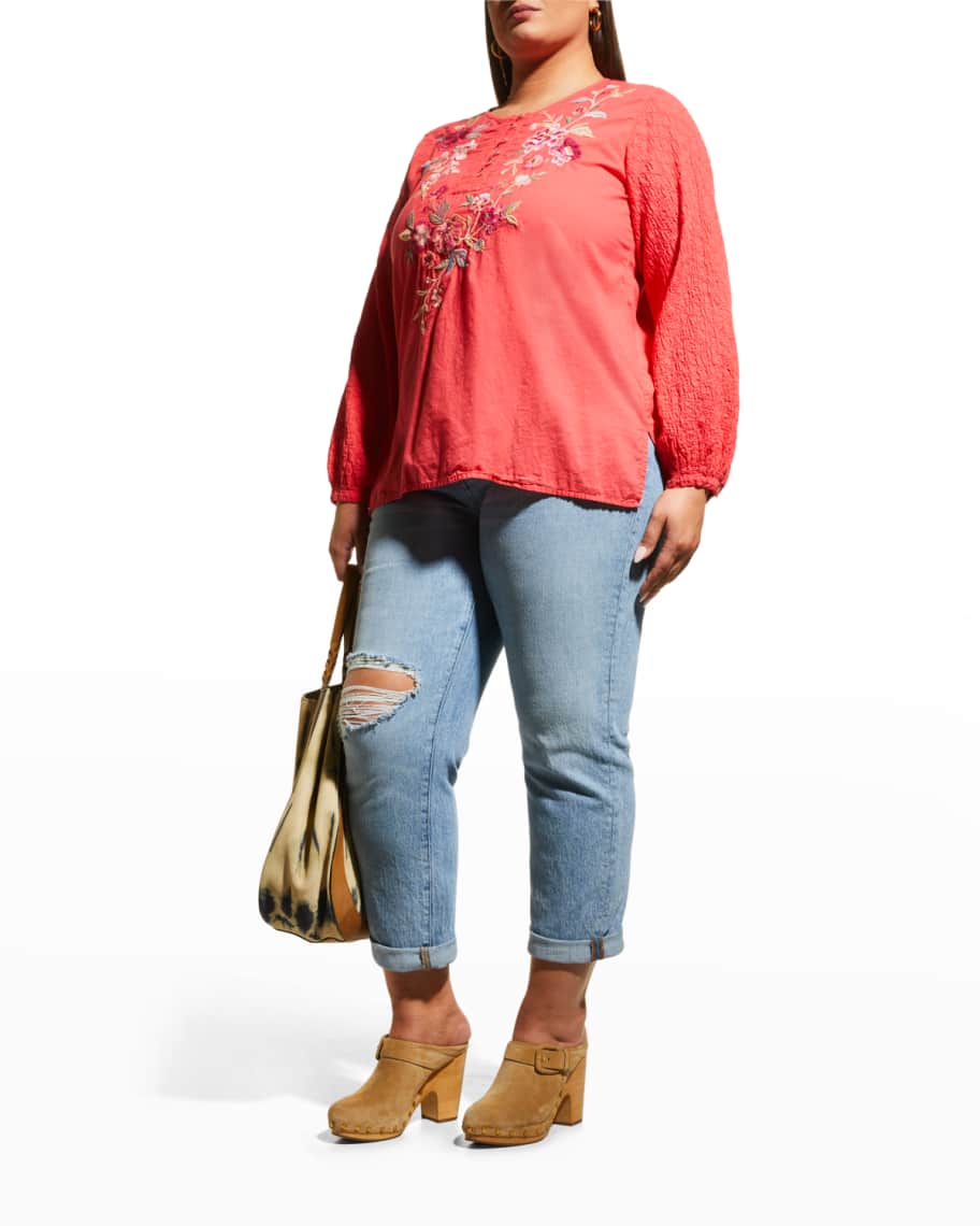 Johnny Was Plus Size Sonya Floral-Embroidered Blouse | Neiman Marcus