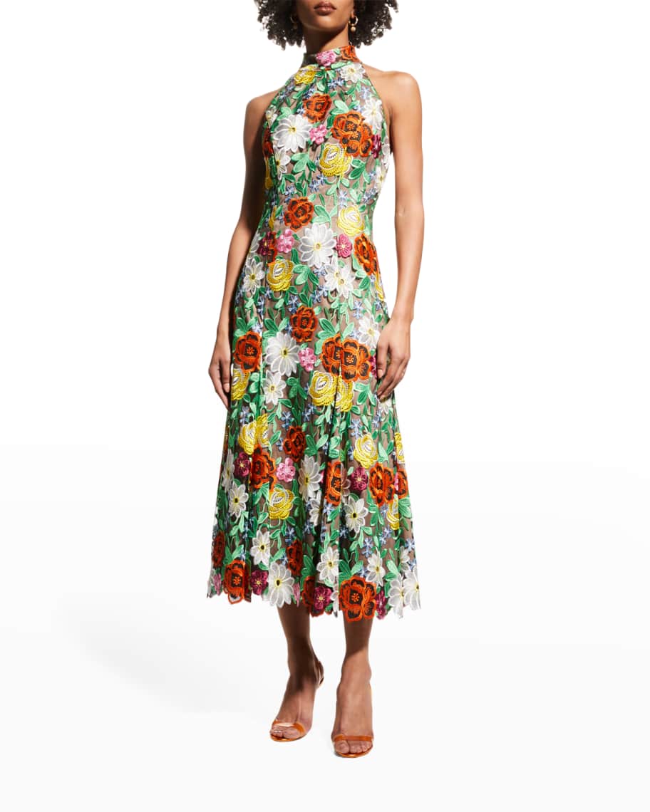 Milly Penelope Floral-Embroidered Halter Dress | Neiman Marcus