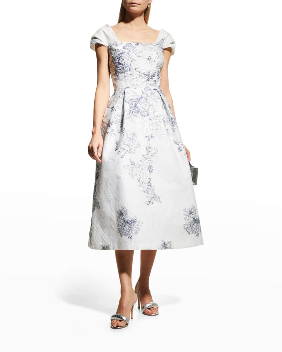 Rickie Freeman for Teri Jon Drape Cap-Sleeve Jacquard Midi Dress ...