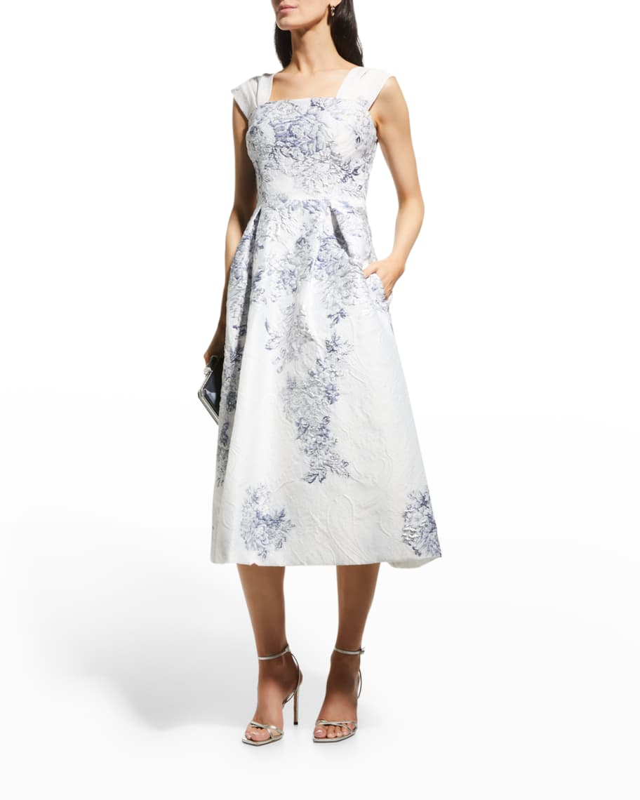 Rickie Freeman for Teri Jon Drape Cap-Sleeve Jacquard Midi Dress ...