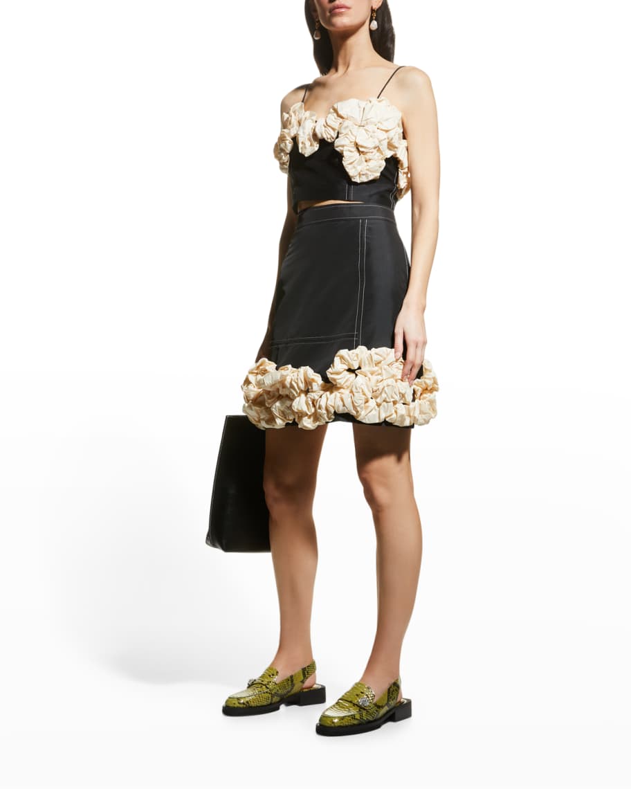 Ganni Tafetta Rose-Embellished Crop Top | Neiman Marcus