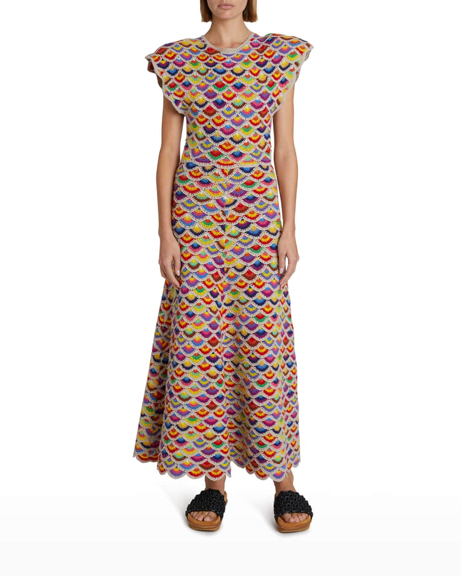 Chloe Strong-Shoulder Back-Cutout Scallop Crochet Maxi Dress | Neiman ...