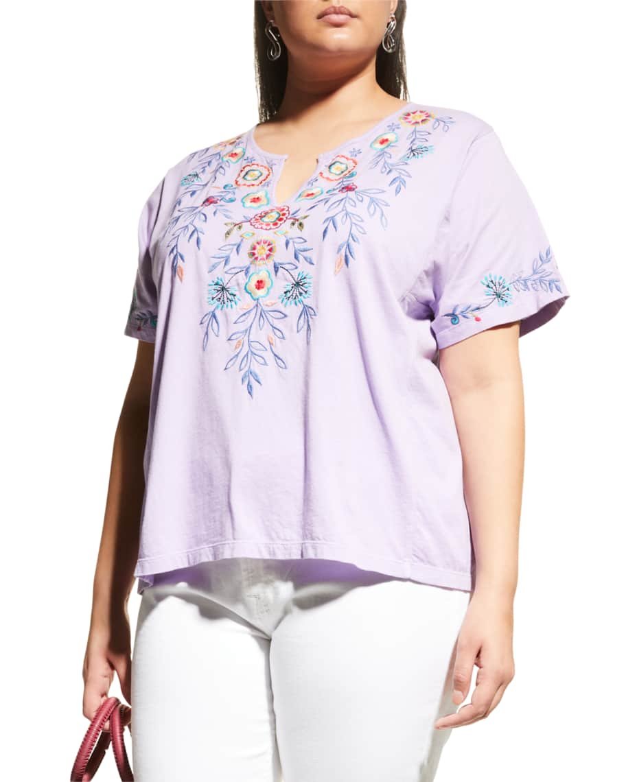 Johnny Was Plus Size Sicilia Floral-Embroidered Tee | Neiman Marcus