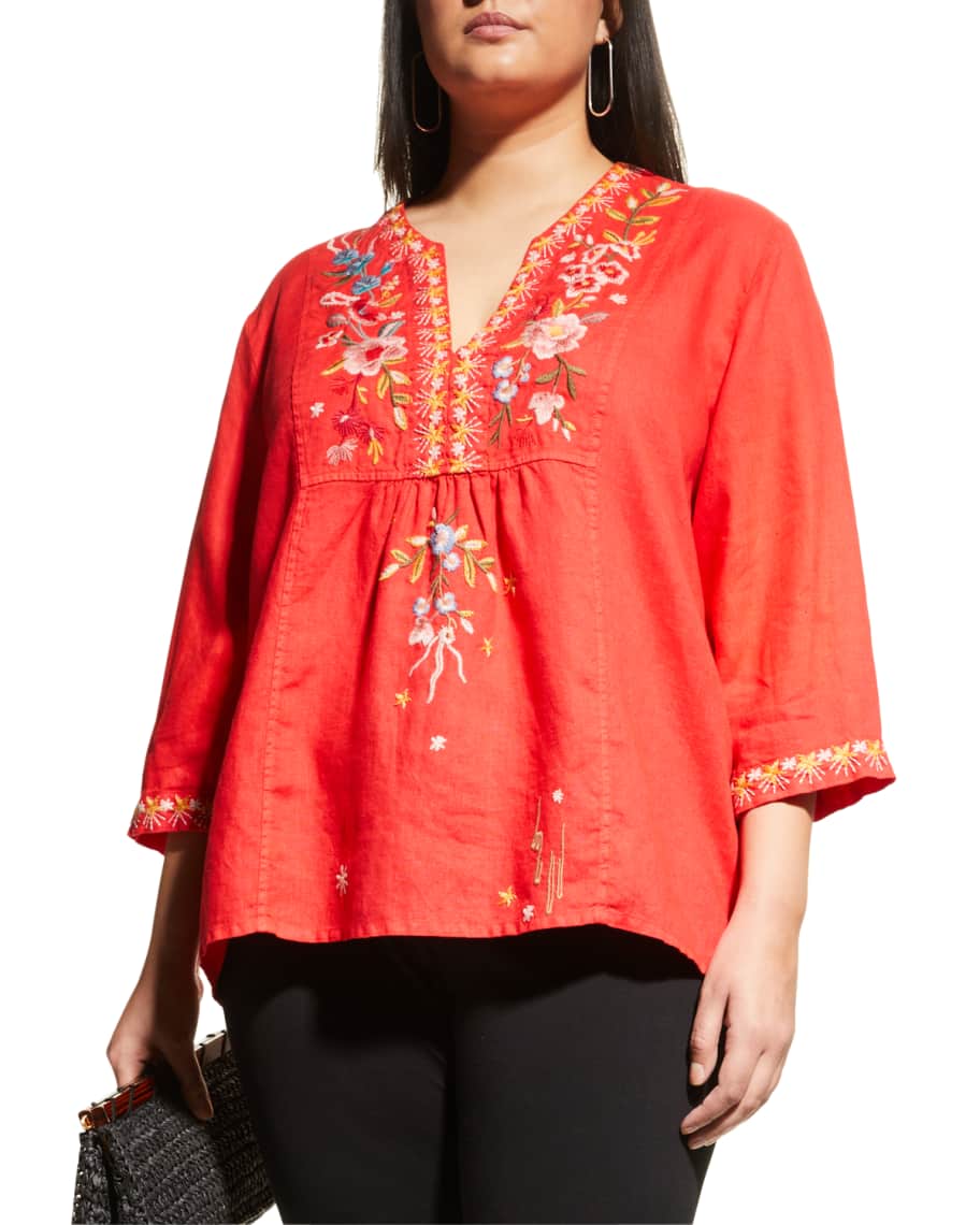 Johnny Was Plus Size Lissa Floral-Embroidered Top | Neiman Marcus