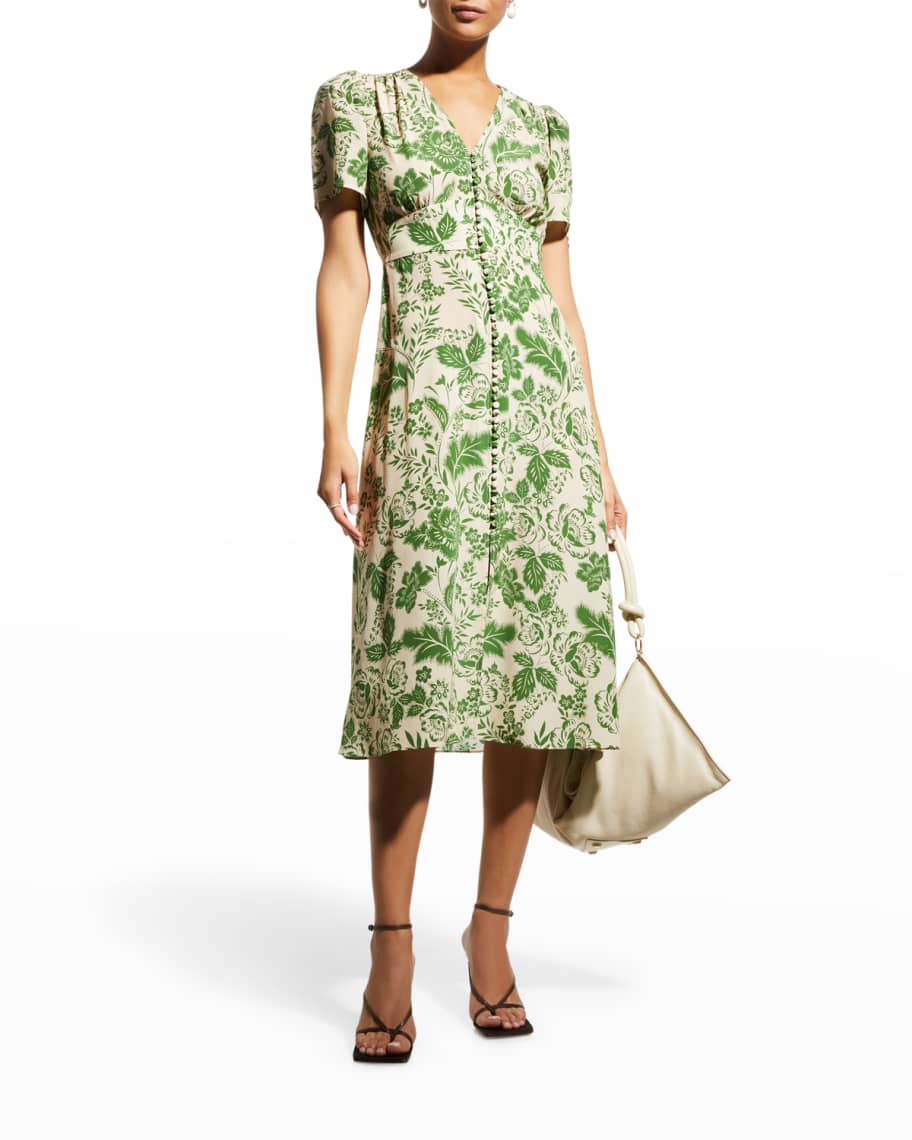 Hunter Bell NYC Larson Loop-Button Floral Silk Midi Dress | Neiman Marcus
