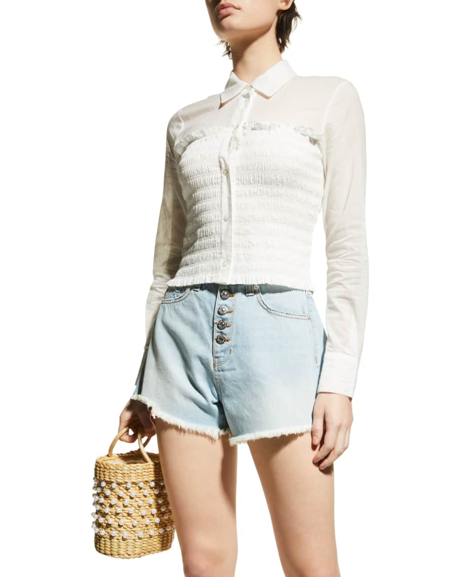 Veronica Beard Emersyn Semi-Sheer Smocked Button-Front Top | Neiman Marcus