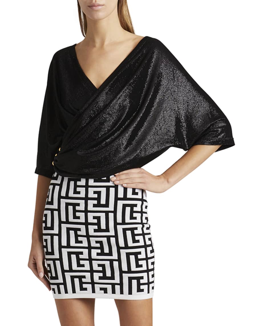 Balmain 3-Button Metallic Draped Top | Neiman Marcus