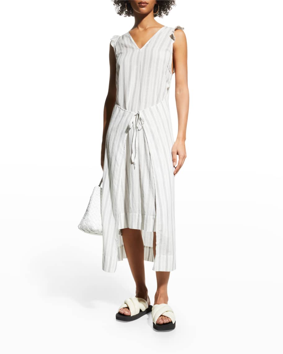 Ganni Front-Wrap Midi Striped Sundress | Neiman Marcus