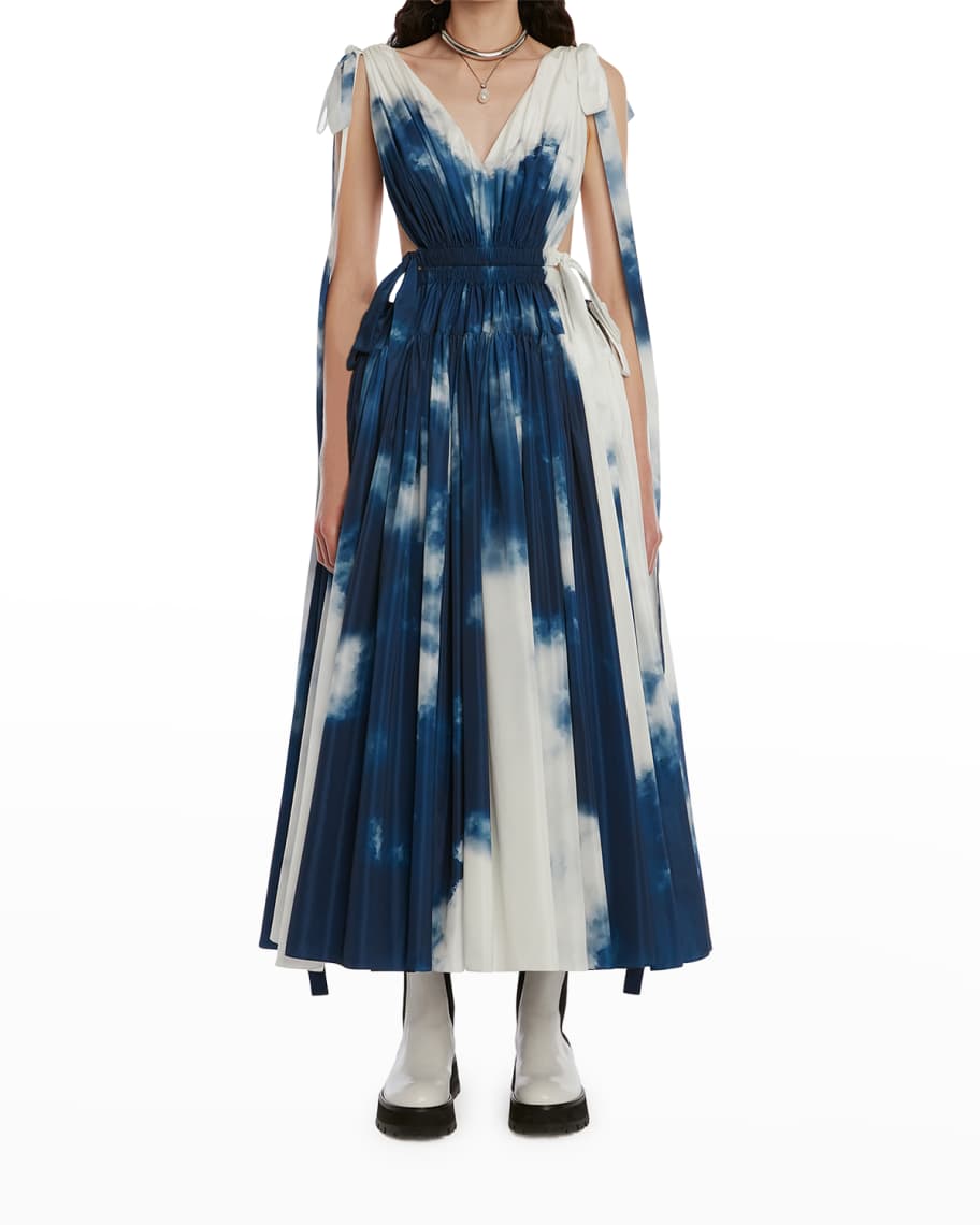 McQueen Cloud-Print Drawstring Open-Back Midi Dress | Neiman Marcus