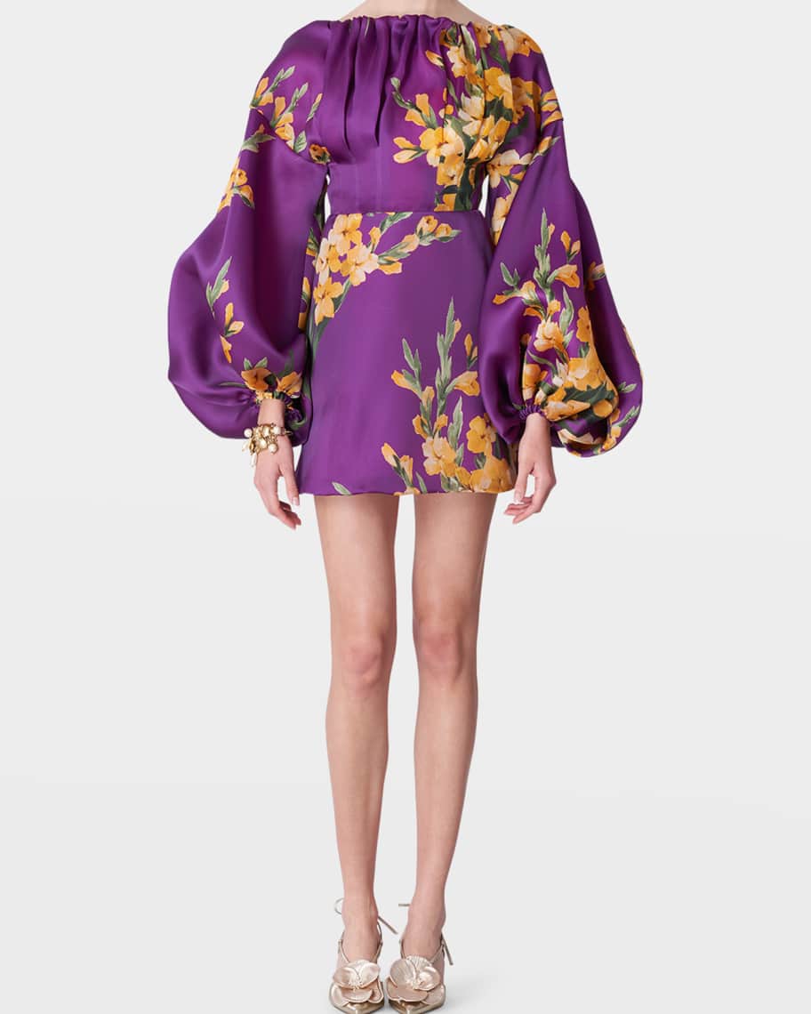 Carolina Herrera Floral Exaggerated Puff Sleeve Gathered Mini Dress