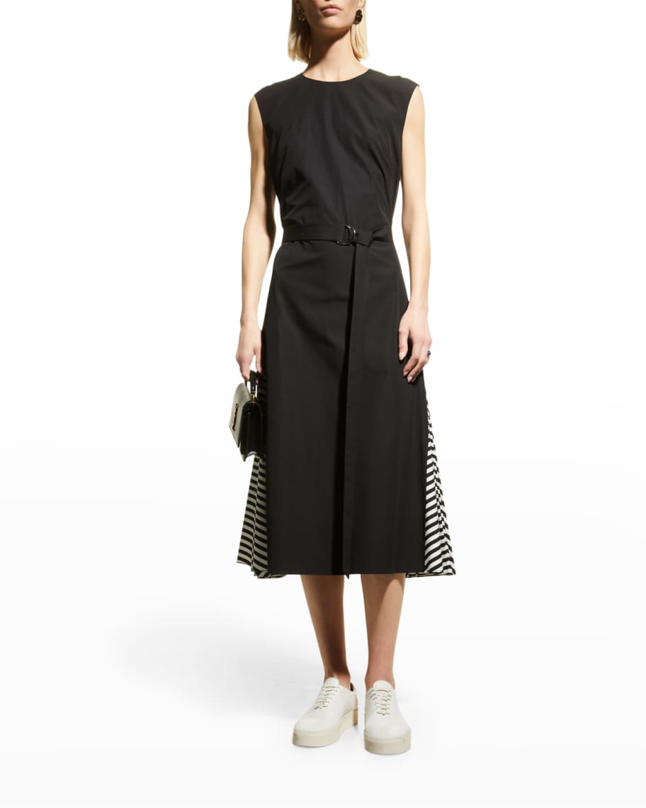 PARTOW Blaise Striped Godet Belted Midi Dress | Neiman Marcus