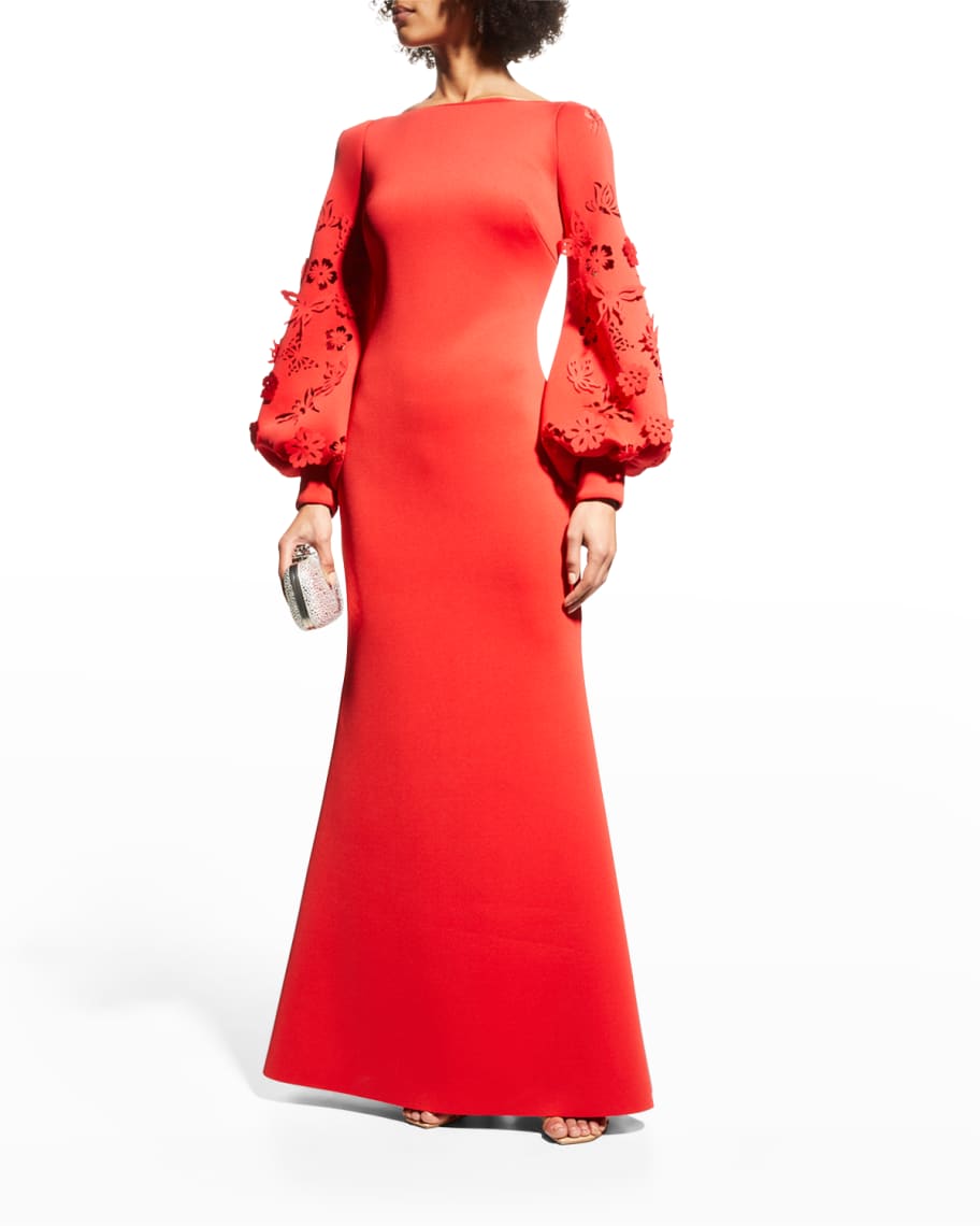 Badgley Mischka Collection Blouson-Sleeve Floral Cutout Gown | Neiman ...