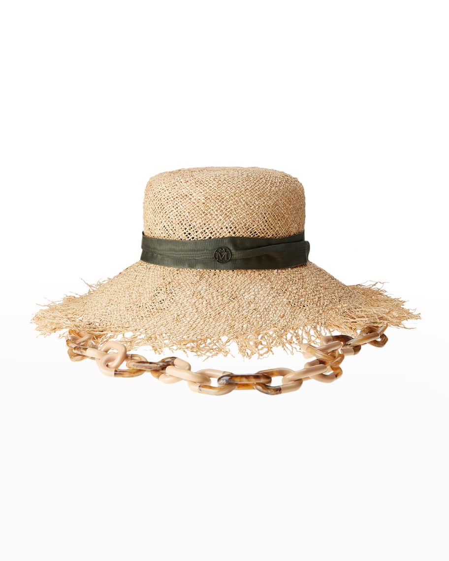 Maison Michel Kendall Frayed Raffia Sun Hat w/ Chain Strap | Neiman Marcus