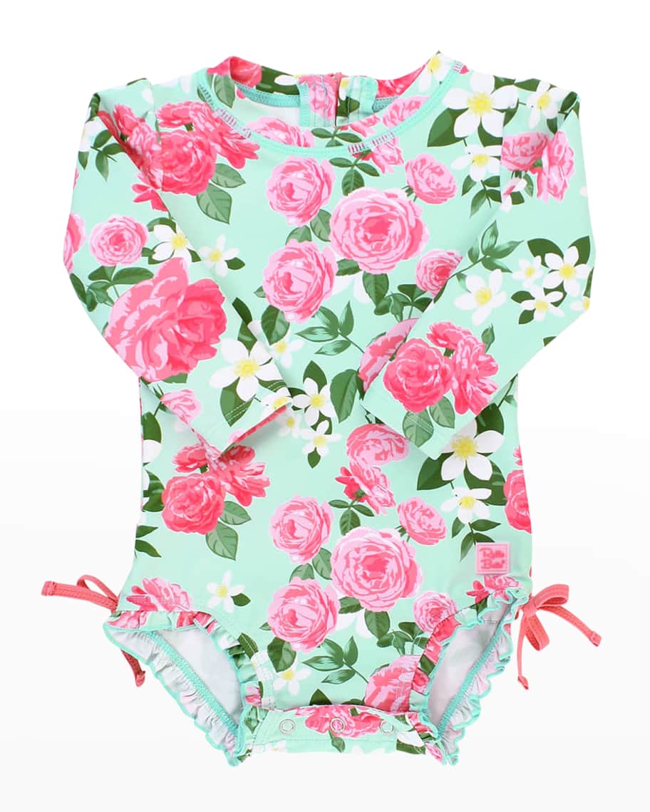 RuffleButts Girl's Rosy One-Piece Long-Sleeve Rash Guard, Size Newborn ...