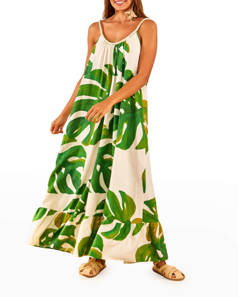 Farm Rio White Monstera Sleeveless Braided-Trim Maxi Dress | Neiman Marcus