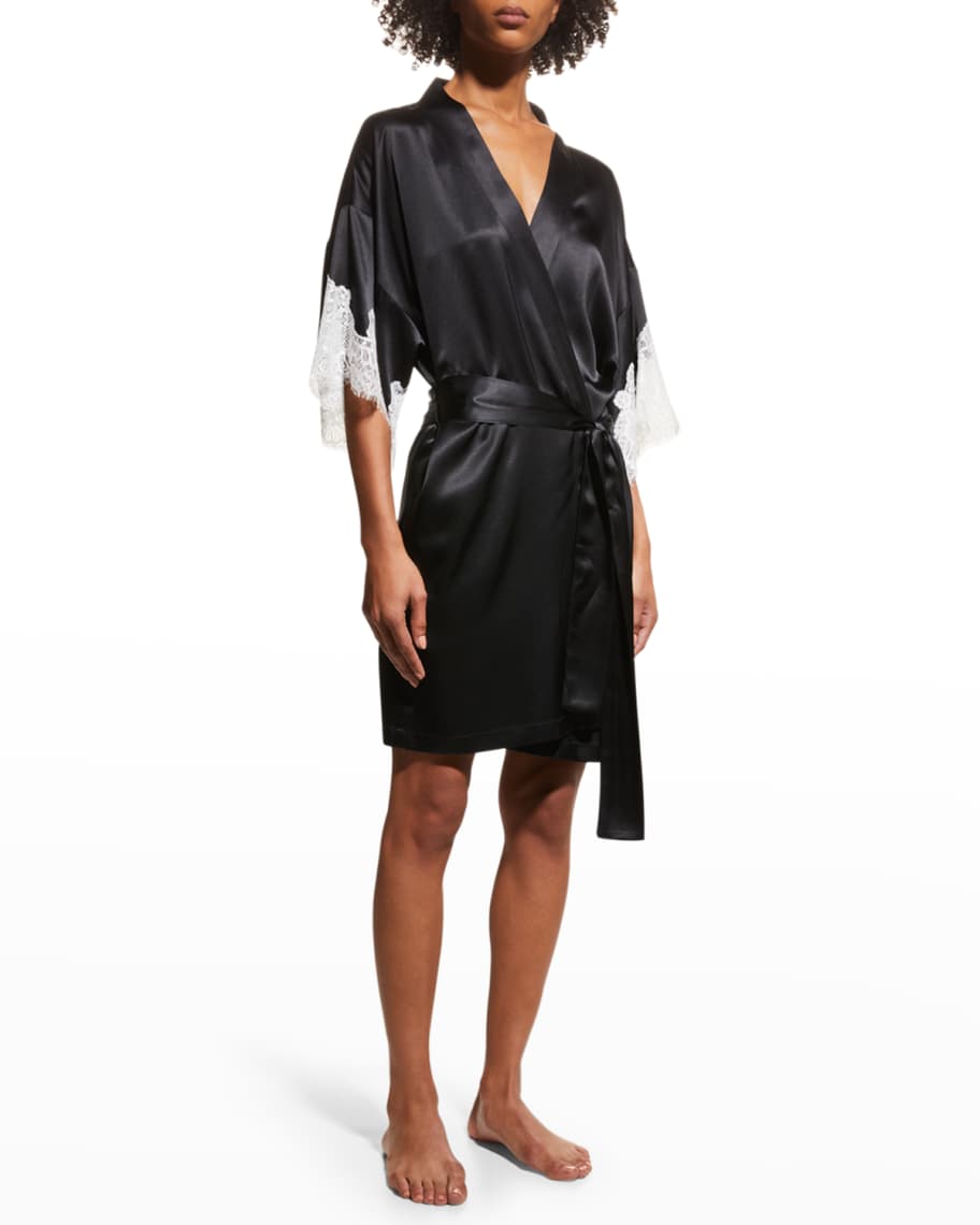 Neiman Marcus Short Lace-Trim Silk Robe | Neiman Marcus