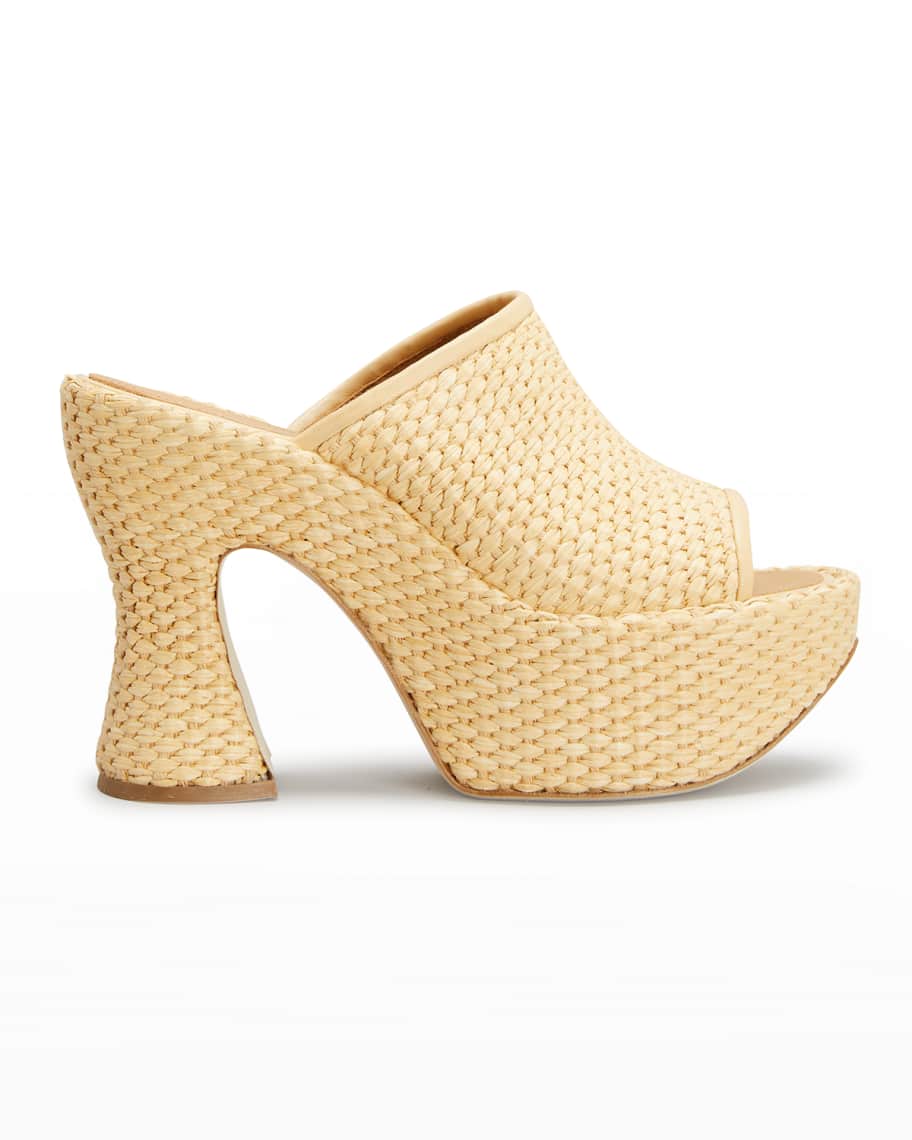 Loewe Woven Raffia Open-Toe Platform Mules | Neiman Marcus