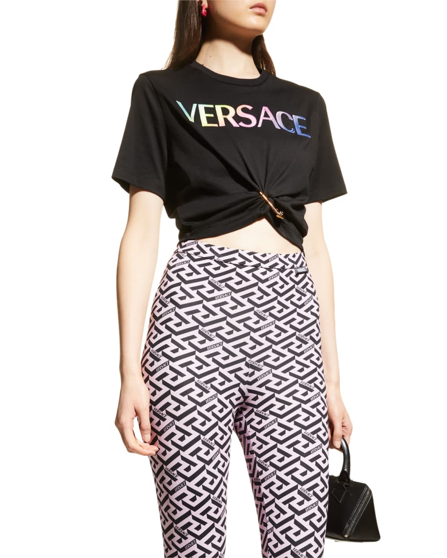 Versace Rainbow Logo Safety Pin Crop T-Shirt | Neiman Marcus