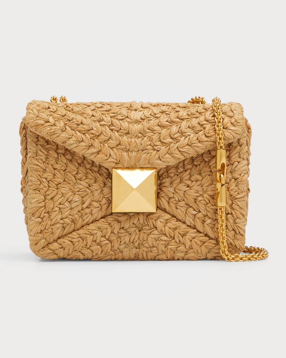 Valentino Garavani One Stud Small Raffia Shoulder Bag | Neiman Marcus