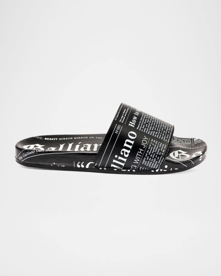 John Galliano Paris Men's Gazette-Print Leather Pool Slides | Neiman Marcus