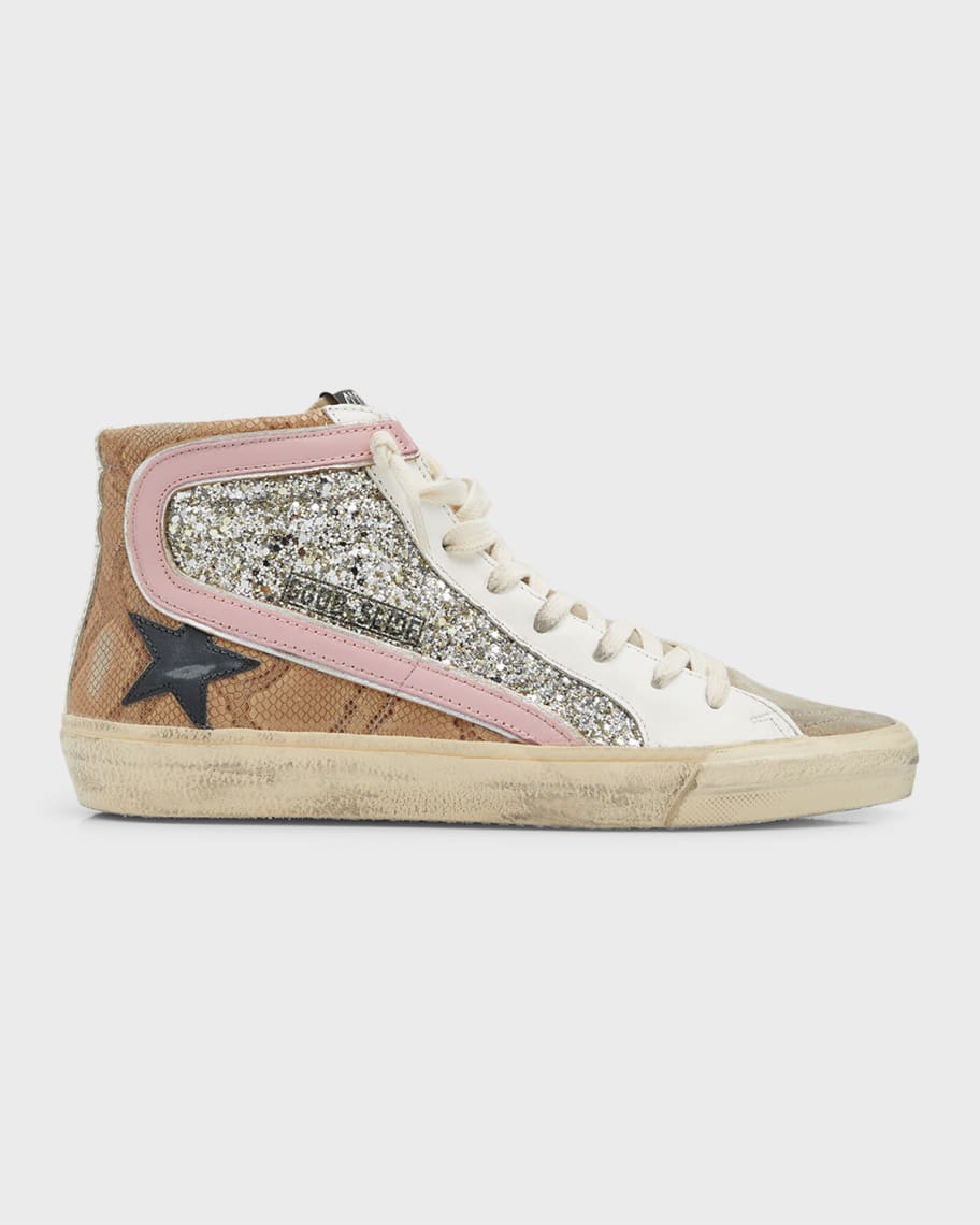 Golden Goose Slide Mid-Top Snake Glitter Sneakers | Neiman Marcus