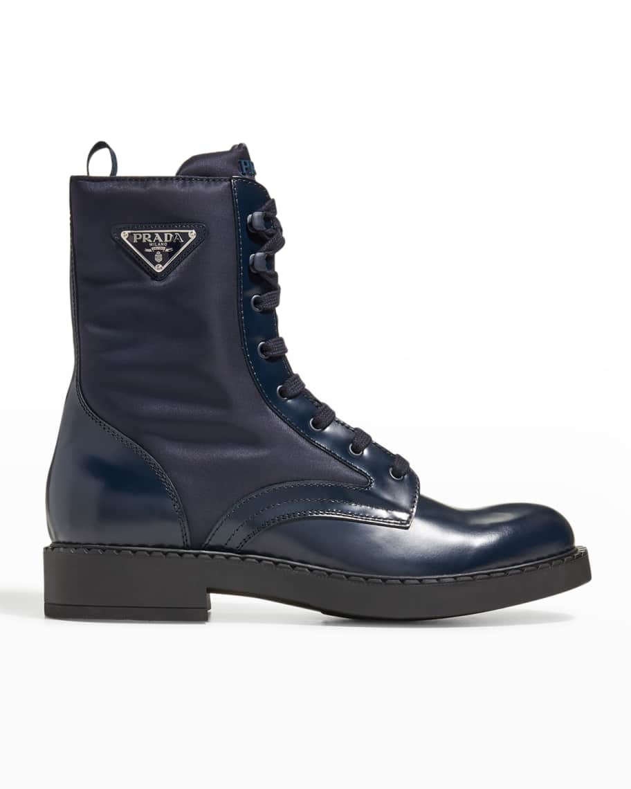 Prada Men's Nylon & Leather Triangle Logo Combat Boots | Neiman Marcus