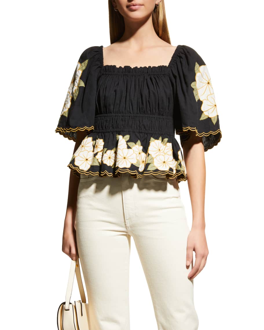 The Great The Wanderlust Floral Embroidered Pleated Peplum Top | Neiman ...