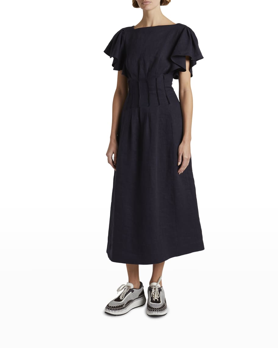 Chloe Flutter-Sleeve Corset Linen Midi Dress | Neiman Marcus