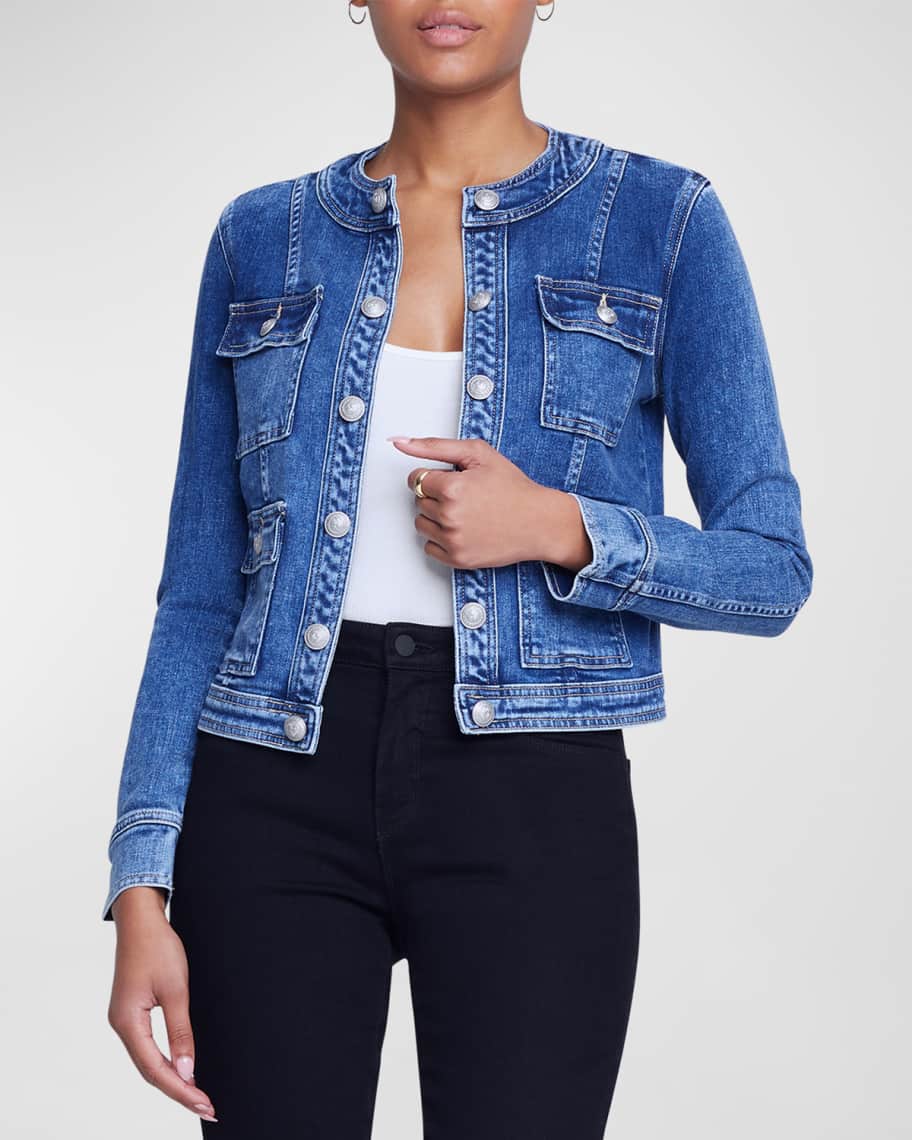 L'Agence Yari Faded Collarless Denim Jacket | Neiman Marcus